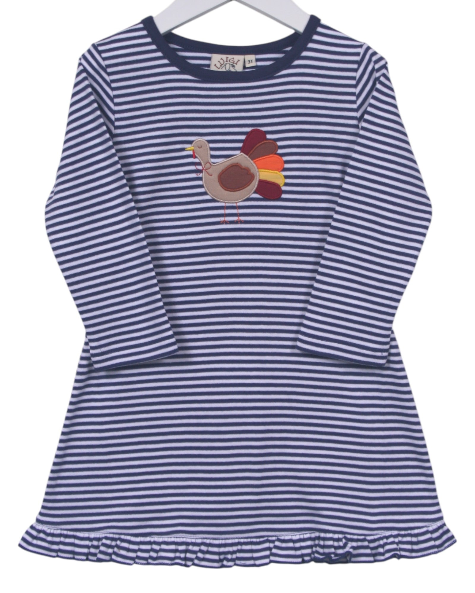 Turkey Applique Blue Stripe Girls Knit Dress – That Store